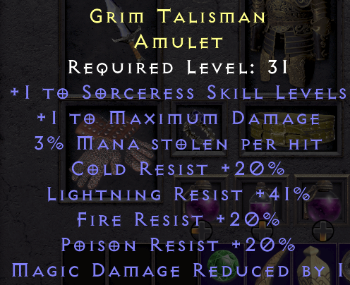 Rare Amulett, Sorc Skiller, All Res, Mana Steal • Price Check • diablo2.io